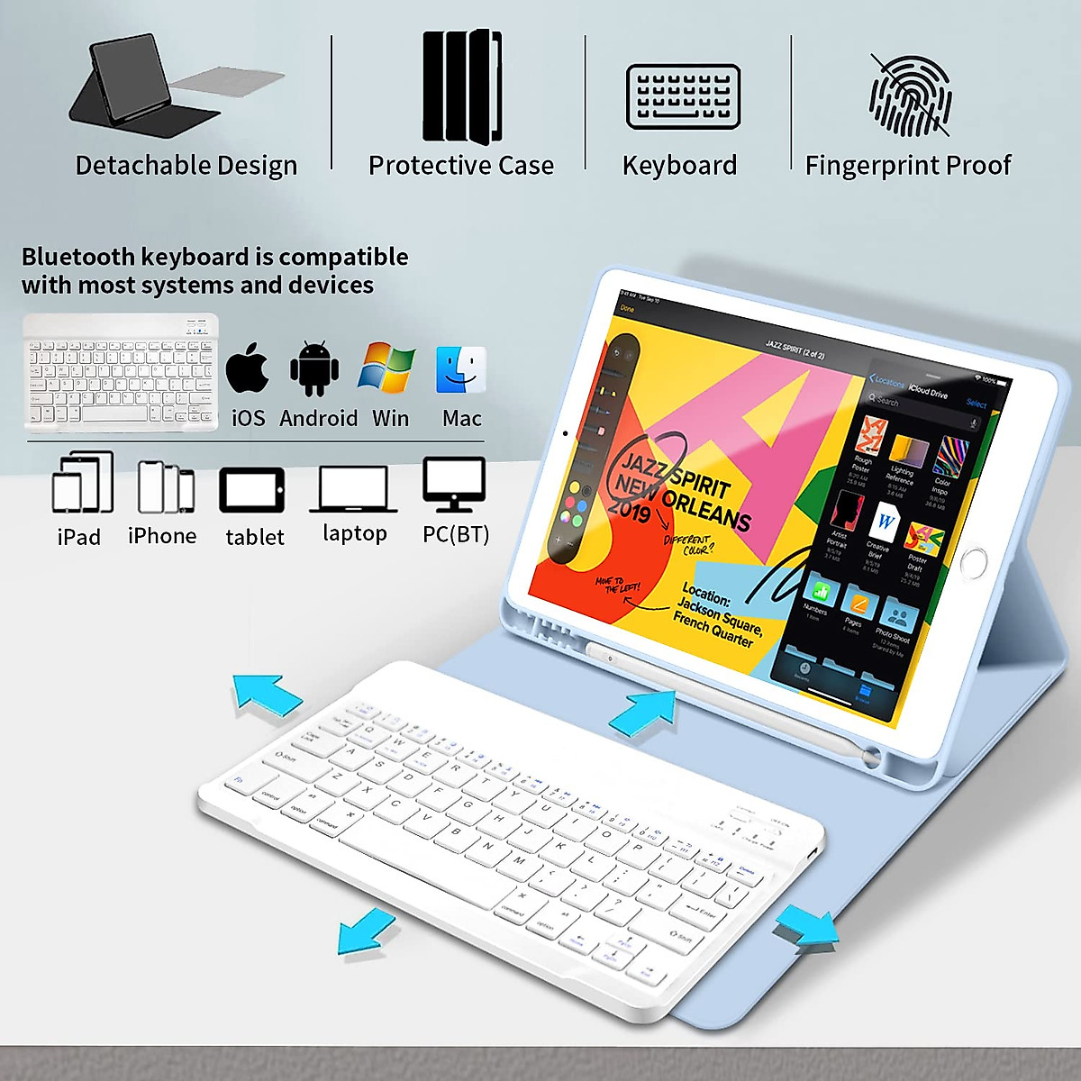 kenke Keyboard Case for iPad 6th Generation (2018)/iPad 5th Gen (2017) & iPad Air 2nd Gen/iPad Air 1st Gen with Pencil Holder, Detachable Wireless Bluetooth Keyboard Case for iPad 9.7 Inch, Sky Blue