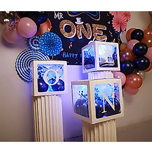 FIGEPO First Birthday Balloons Boxes with 3 LED String Lights and 12 Blue Balloons 12 Confetti Balloons ONE Transparent White Blocks for Baby Boy 1st Birthday Decorations baby shower Photo Shoot Prop