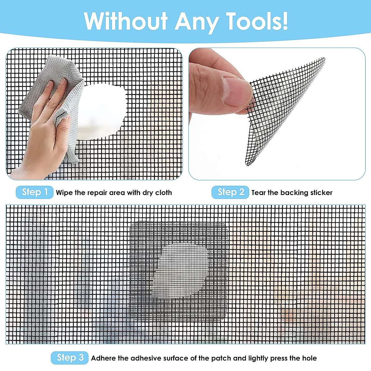 Cobee Self-Adhesive Window Screen Repair Patches Kit, 10 Sheets 3 Sizes Screen Door Replacement Repair Kit Fiberglass Mesh Wall Repair Patches Drywall Tools Wall Hole Quick Repair Patch(Black)