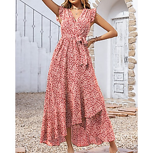 BTFBM Summer Floral Maxi Dress for Women 2025 Vacation Ruffle Sleeve V Neck Belt Wrap Spring Beach Wedding Guest Dresses(Floral Print Red, X-Large)