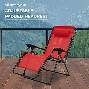 Sun-Ray Oversized Patio Chair with Leg Stabilizers and Big Cupholder, Adjustable Zero Gravity Folding Reclining Outdoor Chair with Pillow, Ruby Red