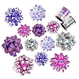WRAPAHOLIC 14 Pcs Gift Bows Assortment - 12 Multi Colored Assorted Size Gift Bows (Purple, Pink, White, Rose Gold, Silver) and 2 Crimped Curling Ribbons, Perfect for Christmas, Holiday, Party