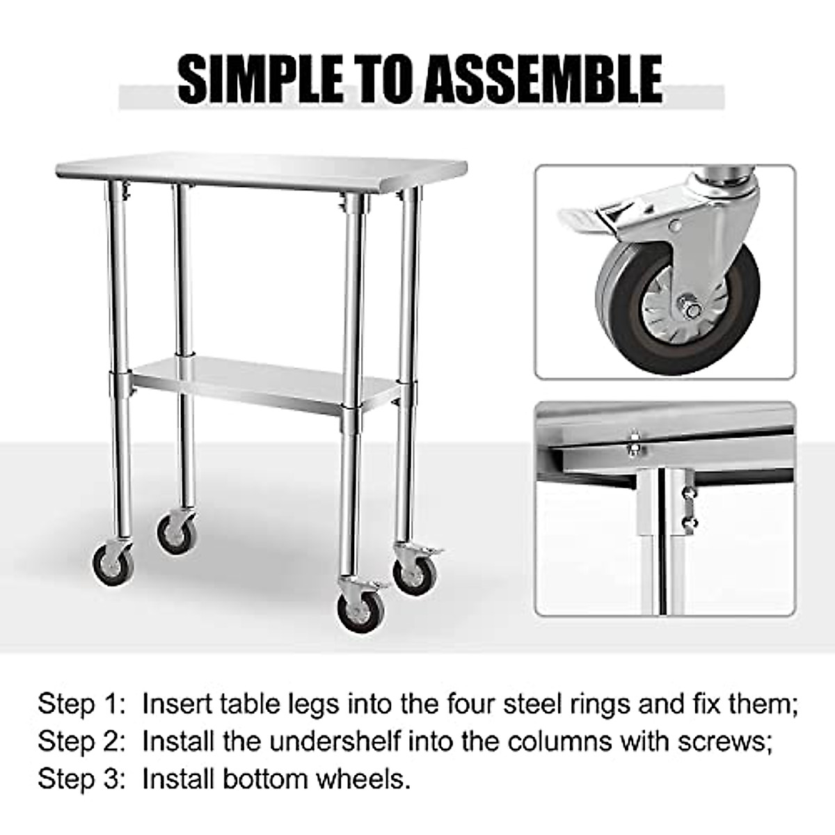 Hasopy Stainless Steel Table for Prep, Heavy Duty Work Table with 4 Casters for Commerical Kitchen, Restaurant, Home and Hotel (30'' X 18'')