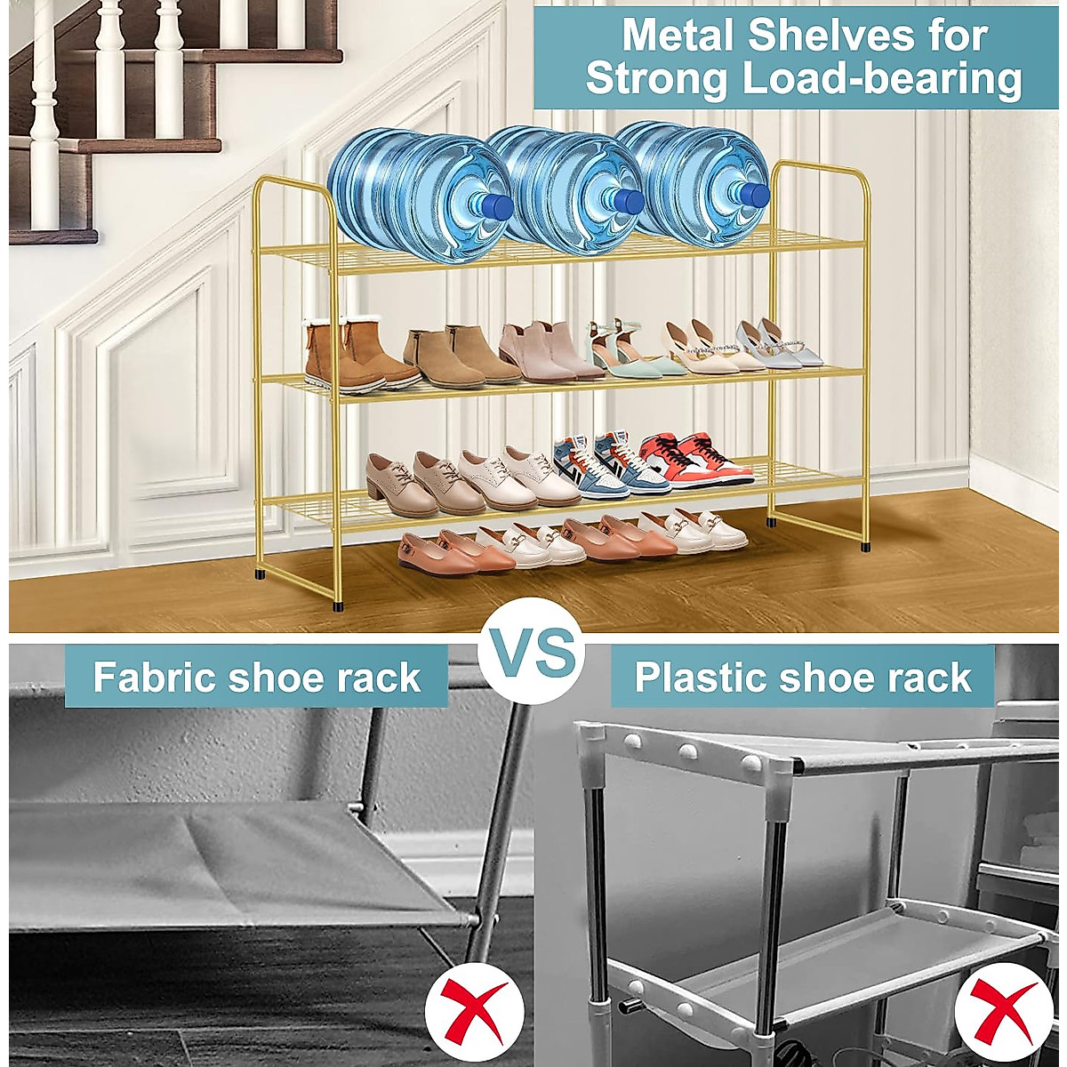 AOODA Long 3 Tier Metal Shoe Rack for Closet Wide Stackable Shoe Storage Organizer for Entryway, Bedroom, Floor, 24-Pairs Men Sneakers Shoe Shelf with Wire Grid, Golden