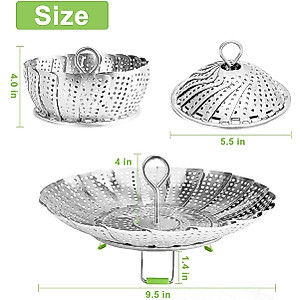 Stainless Steel Steamer Basket, Vegetable Steamer Basket for Instant Pot, Insert for Veggie/Seafood Cooking/Boiled Eggs with Safety Tool - Adjustable Sizes to fit Various Pots (5.1" to 9.5")