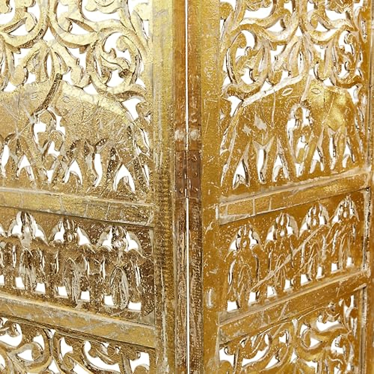 Deco 79 Wooden Scroll Handmade Partition Room Divider Screen Hinged Foldable Partition 4 Panel Privacy Screen with Carved Elephant Accents, Room Partition 80" x 1" x 72", Gold