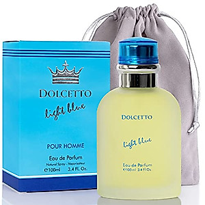 Dolcetto Light Blue for Men - 3.4 Fl. Oz. 100ml Men's Perfume with NovoGlow Carrying Pouch - Refreshing Combination of Woody Floral & Aquatic Fragrance - Scent Lasts All Day A Gift for Any Occasion