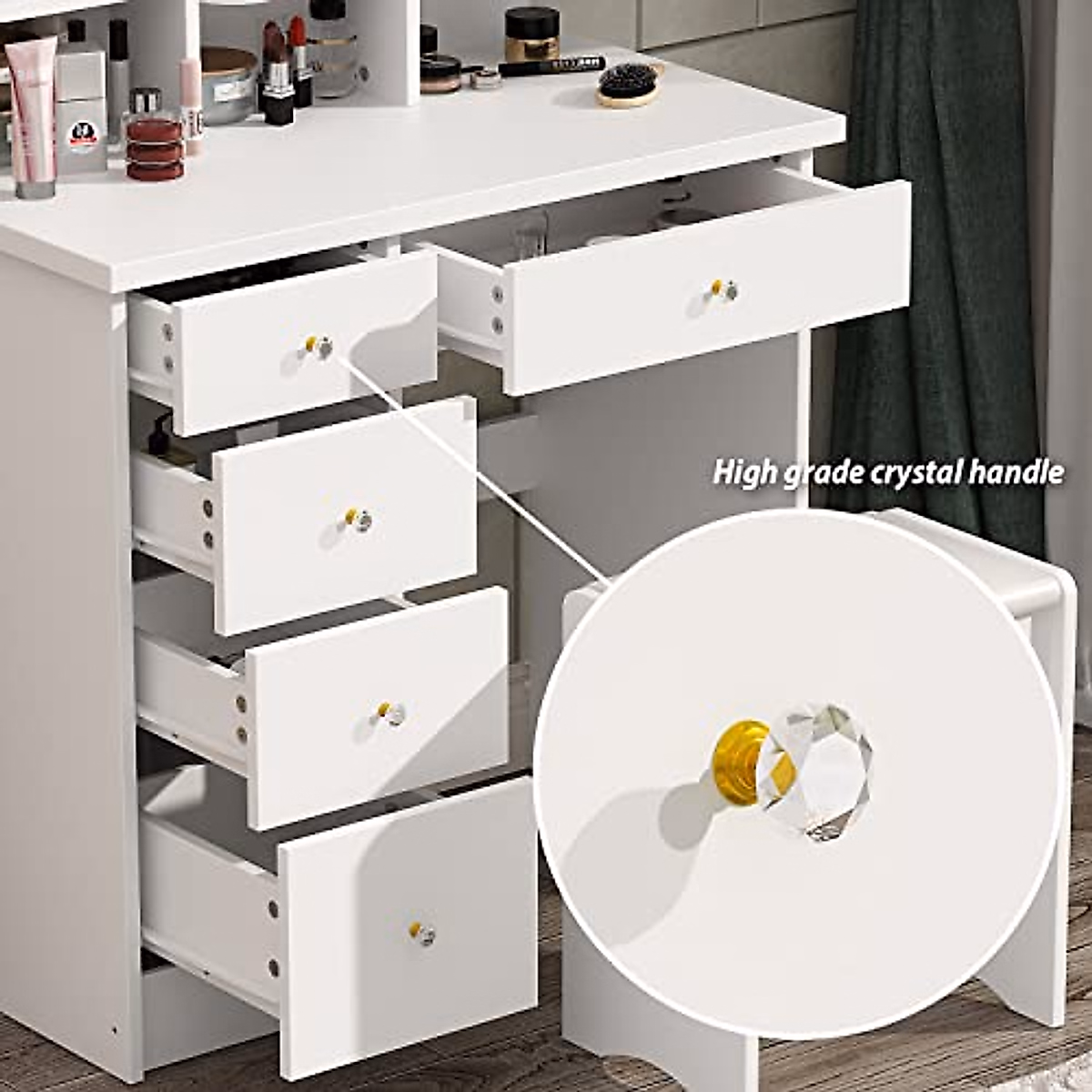 FUFU&GAGA Vanity Set with Mirror, Makeup Vanity Dressing Table with 5 Drawers, Shelves, Dresser Desk and Cushioned Stool Set (Lighted Mirror Vanity Set, 31.5" W x 15.7" D x 55.1" H)