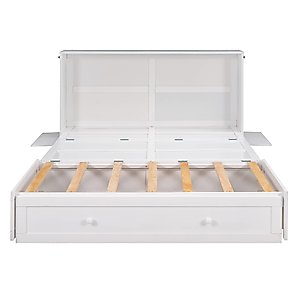Zenvya White Queen Size Murphy Bed with Storage Drawer and 2 Little Shelves, Queen Murphy Wall Bed, Wooden Queen Platform Bed Frame for Bedroom Living Room, No Spring Box Needed (White)