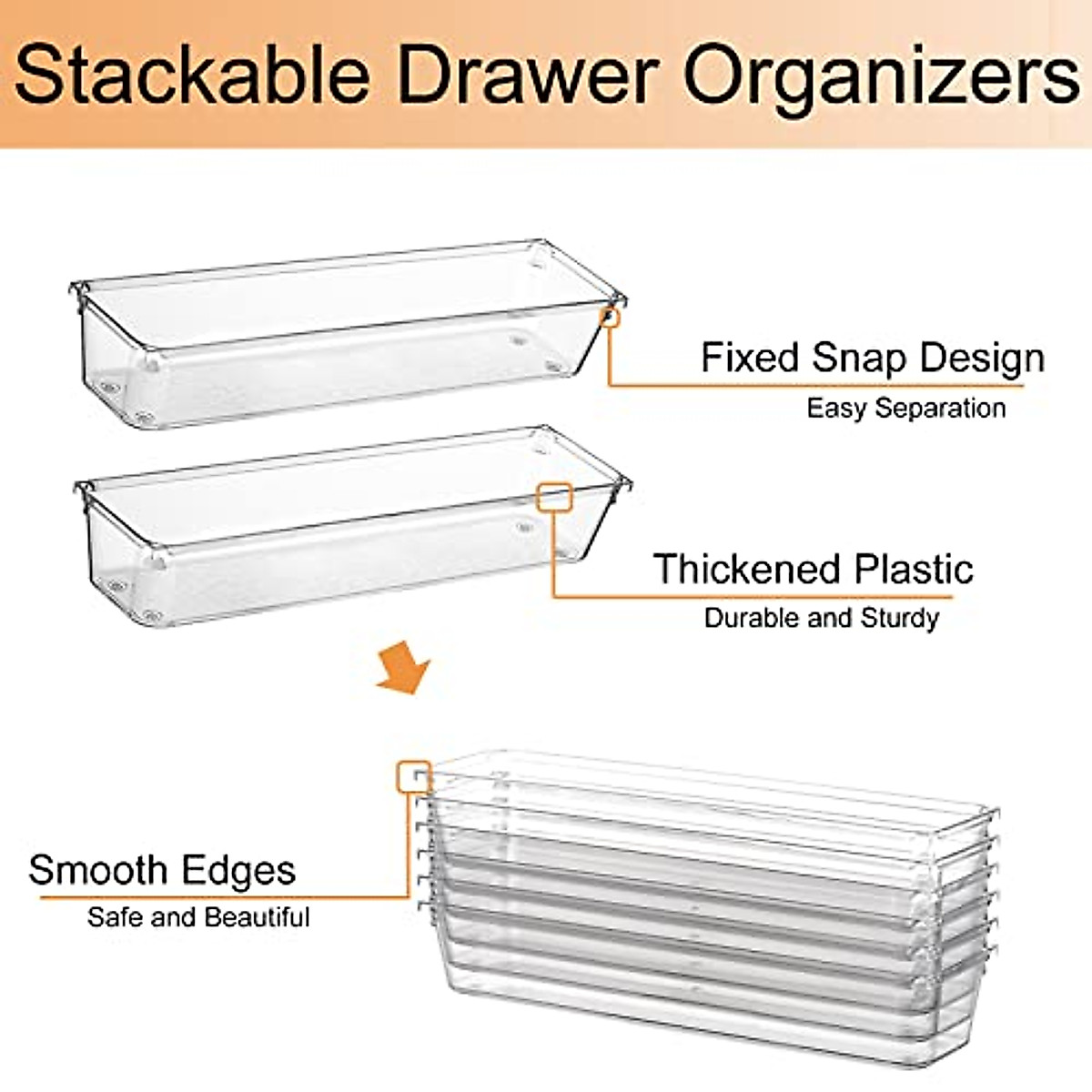 Clear Plastic Drawer Organizers Set, Organizer Trays for Kitchen Drawers Set of 6, Vanity Organizer for Bathroom, Makeup, Kitchen Utensils and Office, 9 x 3 x 2In