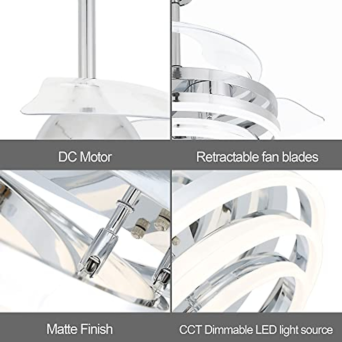 Cusp Barn 42" Retractable Ceiling Fan, Silent DC Motor Modern Ceiling Fan with Lights and Remote, 6 Speed Modern LED Ceiling Fan for Bedroom Living Room