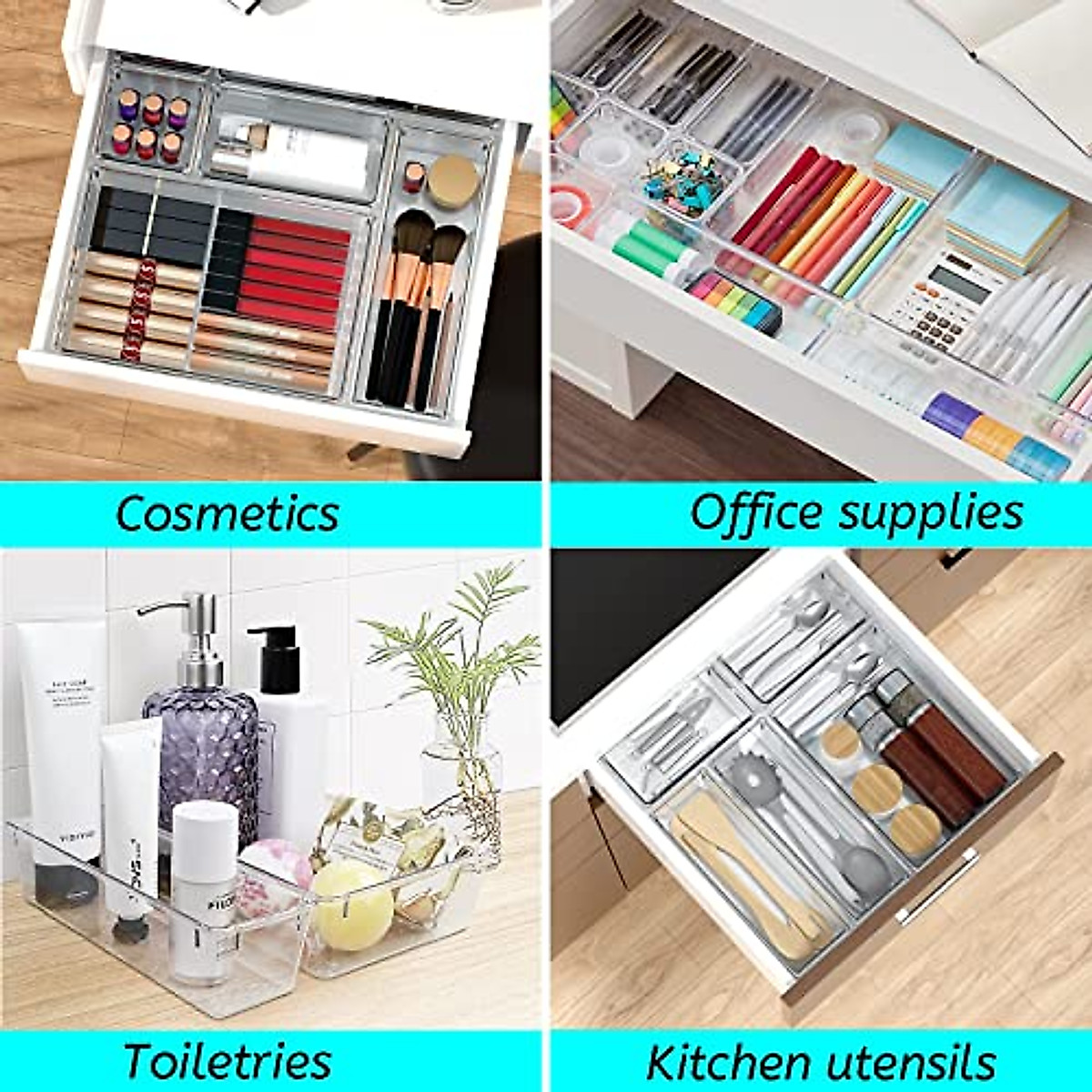 25 PCS Clear Drawer Organizers Set, 4 Sizes Plastic Vanity Drawer Organizers and Storage Bins, Desk Drawer Organizer Trays with Non-slip Silicone Pads for Makeup