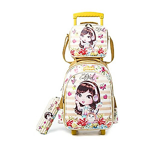 MOHCO Rolling Backpack Cute 16 inch Set 3 in 1 with Lunch Bag and Pencil Case for Girls (Yellow)