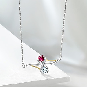 Gem Stone King 925 Sterling Silver and 10K Yellow Gold Red Created Ruby and Sky Blue Aquamarine with Lab Grown Diamond Pendant Necklace For Women (1.08 Cttw with 18 Inch Silver Chain)