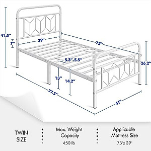 Yaheetech Metal Platform Bed Frame Mattress Foundation with Diamond Pattern Headboard/Footboard/Heavy Duty Steel Slat Support/Under Bed Storage/No Box Spring Needed/Twin Size White