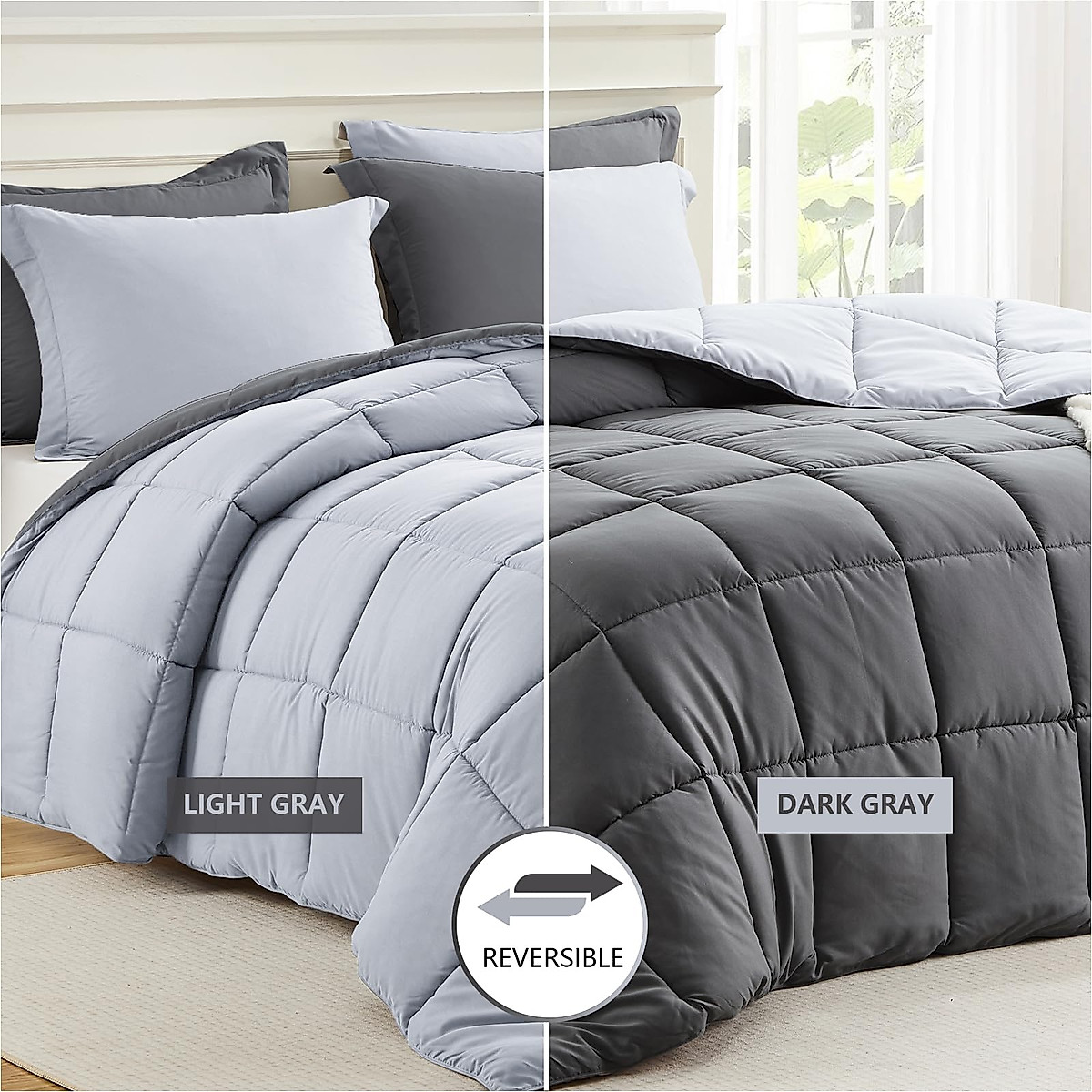 Homelike Moment Queen Comforter Set Grey, Comforters Queen Size Set, Soft Lightweight Down Alternative Bed Comforter Full Size Reversible All Season 3 Pieces Bedding Sets Grey/Light Gray
