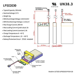 EEMB Lithium Polymer Battery 3.7V 250mAh 502030 Lipo Rechargeable Battery Pack with Wire JST 2.0mm Connector for VXI Blue Parrott- Confirm Device & Connector Polarity Before Purchase
