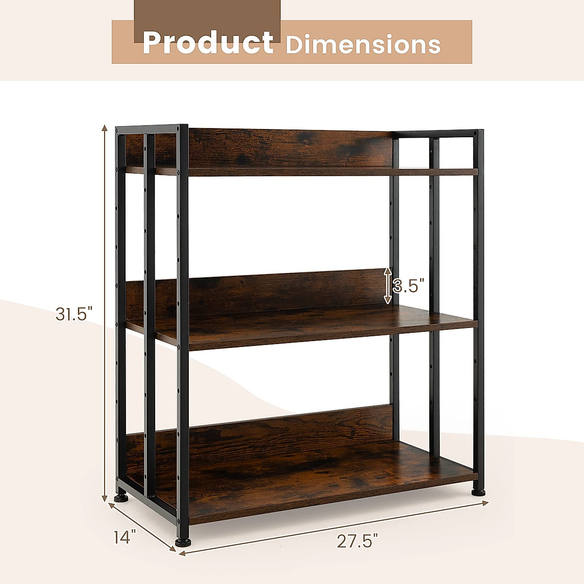 GOFLAME 3-Tier Bookshelf, Tall Bookcase Shelf with Metal Frame, Industrial Floor Storage Shelf Organizer, DIY Shelving Unit Display Rack for Study, Living Room, Kitchen, Rustic Brown