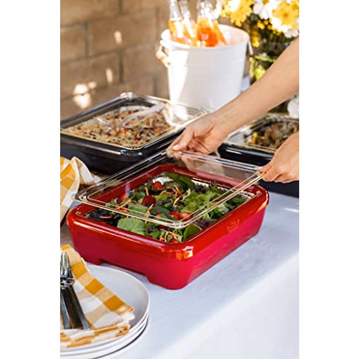 Fancy Panz Classic, Dress Up & Protect Your Foil Pan, Made in USA, Fits Half Size Foil Pans. Hot or Cold Food. Stackable for easy travel. (Red)
