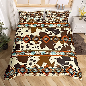 Erosebridal Cowhide Duvet Cover Western Bedding Set,Brown Highland Cow Print Comforter Cover Exotic Aztec Diamond King Bed Set,Farm Animals Bull Cattle Skin Room Decor Cowboys Gifts for Women