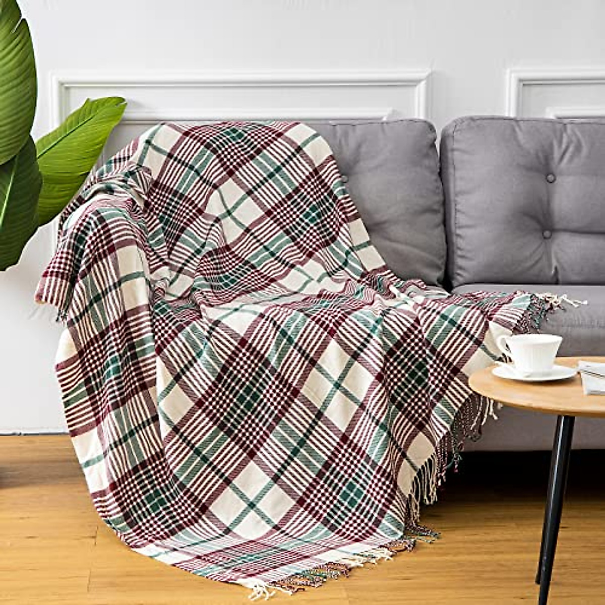 Geehouz Decorative Plaid Blanket Soft Christmas Sage Green Faux Cashmere Throw Blankets with Tassels for Halloween Farmhouse Home Decor 50" x 60" (Sage Green Plaid)