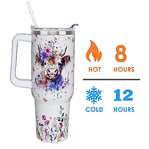 sgqjdpmc 40 oz Cow Print Tumbler with Handle and Straw Lid 40oz Cute Cow Themed Gifts Steel Insulated Travel Cow Coffee Cup