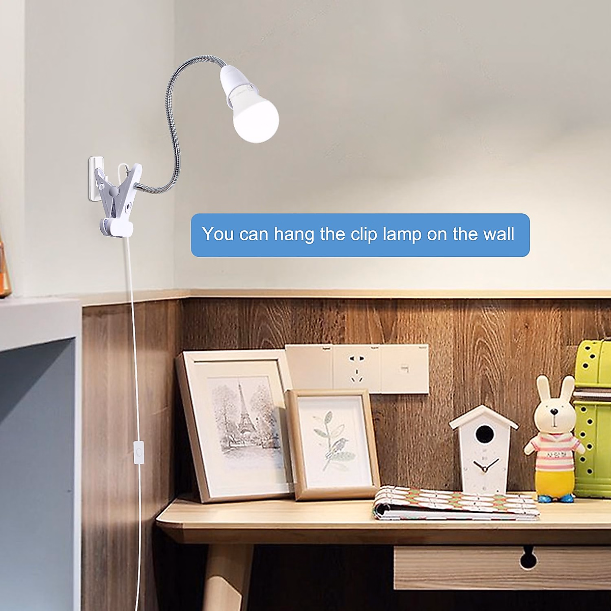 Clamp Light Socket,Clip Desk Lamp Socket,Clip Bulb Desk Lamp,Desk Light Adapter with Flexible Gooseneck,Clip on Light Socket with on/Off Switch,E26/E27 Clamp Light Bulb Stand (1PC)