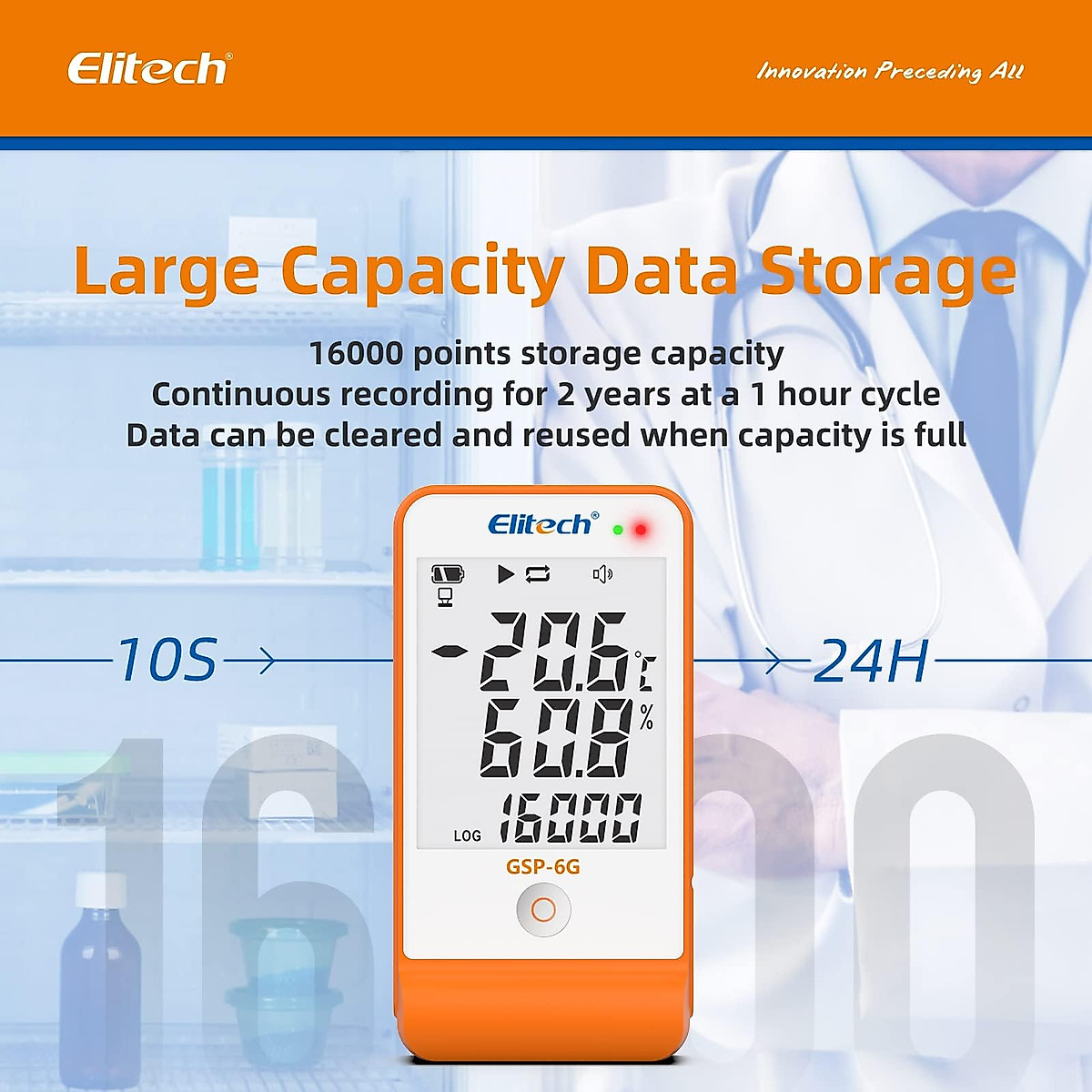 Elitech Digital Temperature Humidity Data Logger Medical Refrigerator Thermometer Vaccine Fridge Temperature Monitor Max Min Value GSP-6G