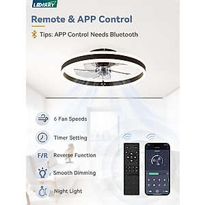 LEDIARY Low Profile Ceiling Fans with Lights, Flush Mount Modern Ceiling Fan and Remote Control, 19.7" LED Ceiling Fans, Stepless Dimmable 3 Colors and 6 Speeds - Black