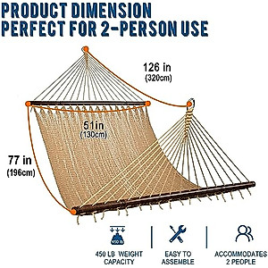 Lazy Daze 10 FT Double 2 Person Caribbean Rope Hammock, Hand Woven Polyester Hammock with Spreader Bars, Extra Large Outside Outdoor Backyard Patio Poolside Hammock, 450 LBS Capacity, Tan