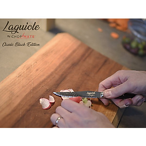 Chopmate Laguiole Premium Steak Knife Set - 4.5 inch - Classic Black Edition - Razor Sharp Kitchen Knives - Forged Stainless Steel - Full Tang Handle - 6 Piece Set + Wood Storage Display Block