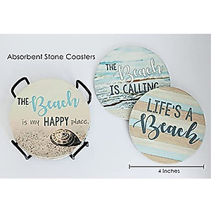PANCHH Beach Coastal & Ocean Sea Tropical Theme Coasters for Drinks , Kitchen Decor and Gifts for Beach House and Home Beach Bars - Coasters for Wooden Table - Set of 6 with Holder , Absorbent