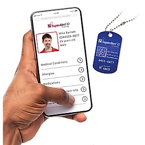 Dynotag® SuperAlertID Smart Military Style Medical ID/Emergency Information Anodized Aluminum Pendant & Chain Set, with DynoIQ™ & Lifetime Service. Blue (Blue)