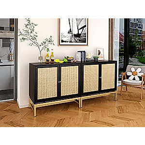Goujxcy 2Pcs Rattan Sideboard Buffet Cabinet, Kitchen Storage Cabinet with Rattan Decorated Doors, Liquor Cabinet, Dining Room, Hallway, Cupboard Console Table, Accent Cabinet (Black1-2Pcs)
