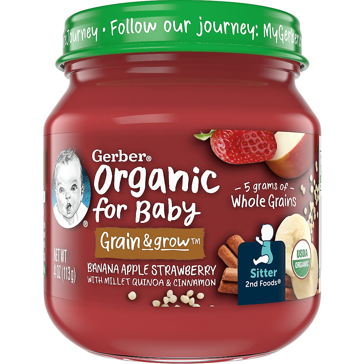 Gerber 2nd Foods Organic for Baby Grain & Grow Baby Food Jar, Banana Apple Strawberry with Millet Quinoa & Cinnamon, 4-Ounce Glass Jar (Pack of 6)