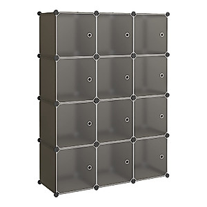 Aeitc Cube Storage Organizer 12-Cube (13.8"x13.8") Clothes Organizer Closet Storage Shelves Plastic Storage Shelving for Bedroom, Living Room, Office, Brown with Transparent Doors
