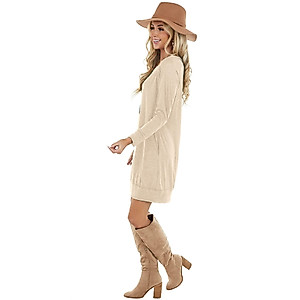 PrinStory Women's Long Sleeves Dresses Causal Loose Round-Neck Tuinc Tops Basic Dress with Side Pockets US Large FP VG-Beige