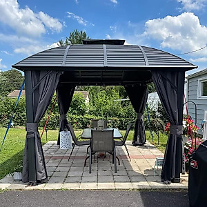 Domi 10'x12' Hardtop Gazebo Arc Canopy,Outdoor Aluminum Gazebo with Galvanized Steel Double Roof,Curtain and Netting,Permanent Gazebos Pavilion for Patio Deck,Backyard,Gray