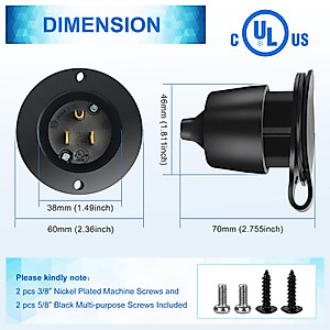 Flanged Inlet UL Listed 15 Amp 125V RV Electrical Inlet Male Receptacle with Waterproof Cover NEMA 5-15 Plug for Shore Power Marine Boat Commercial Grade 2 Pole 3 Wire