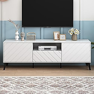 Furnicare Mid Century Modern TV Stand for 75 Inch TV, Entertainment Center Wood TV Cabinet with Drawer and Open Shelf, Media TV Console Table with Metal Feet for Living Room Bedroom, White