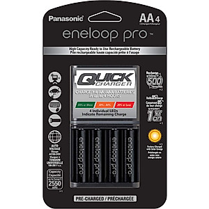 Eneloop Panasonic K-KJ55KHC4BA Advanced 4 Hour Quick Battery Charger with 4AA pro Rechargeable Batteries & Panasonic BK-3HCCA4BA pro AA High Capacity Ni-MH Pre-Charged Batteries, 4 Pack