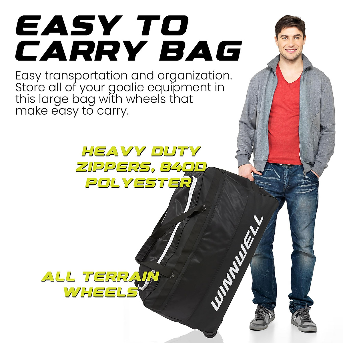 Winnwell Hockey Wheel Goalie Bag - Large Equipment Bag with Wheels to Store Goalie Gear - Made for Ice & Field Hockey Goalies - Junior