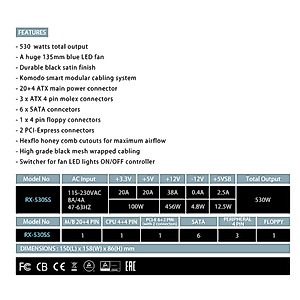 Raidmax Power Supply with Fan RX-530SS, Black/Blue