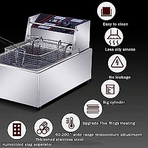 Small Deep Fat Fryer With Countertop Fryers Stainless Steel French Fries Electric Deep Fryers 10 Liter, Viewing Window, Countertop Fryer, 60-200°C Adjustable Temperature Control, Safety Handle