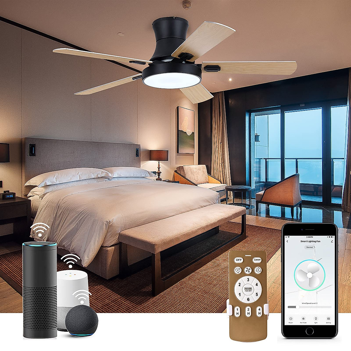 Avatar Controls Smart 50 inch Ceiling Fans Indoor with Light Remote Works with Alexa Google Voice, APP and Remote Control for Bedroom, 6 Speeds Reversible DC Motor, 1800LM LED Kit, 5 Wooden Blades