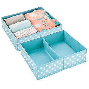 mDesign Fabric Drawer Organizer Bin Dividers for Baby Nursery Dresser, Closet, Organization - Bins Hold Clothes, Diapers, Cream, Toy, Blankets - 2 Pack, Turquoise Blue/White Polka Dot