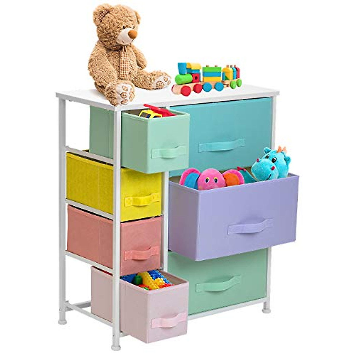 Sorbus Nightstand with 7 Drawers - Bedside Furniture & Night Stand End Table Dresser for Home, Bedroom Accessories, Office, College Dorm, Steel Frame, Wood Top (7-Drawer, Pastel/White)