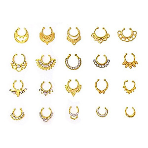 Honbay 20pcs Fake Septum Clicker Nose Ring Rhinestone Non Piercing Hanger Clip Body Jewelry (Gold)