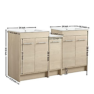 Goujxcy 60 Inch Bathroom Vanity Sink Combo with Side Cabinet, Freestanding Bathroom Vanity Cabinet Plywood Bath Vanity Cabinet with Double 24" Bathroom Vanity and a 12" Ceramic Countertop Side Cabinet