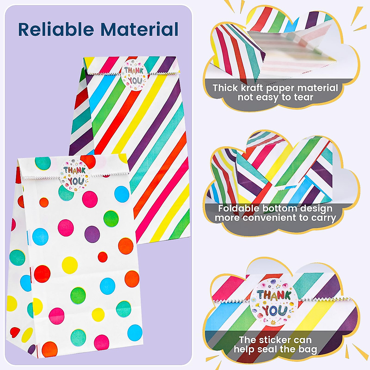 TOXOY 24PCS Party Favor Bags, Treat Bags with Stickers Colorful Stripe Dot Gift Bags for Kids Birthday Party Baby Showers 4.7" x 3.1" x 8.7"